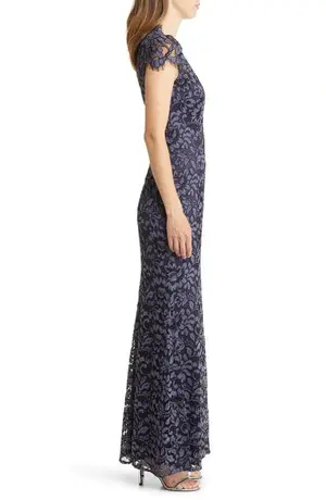 Eliza J Illusion Cap-sleeve Gown - Navy