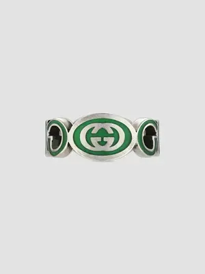 Gucci Interlocking G Sterling & Green Enamel Cut-out Ring - Silver