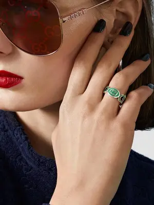 Gucci Interlocking G Sterling & Green Enamel Cut-out Ring