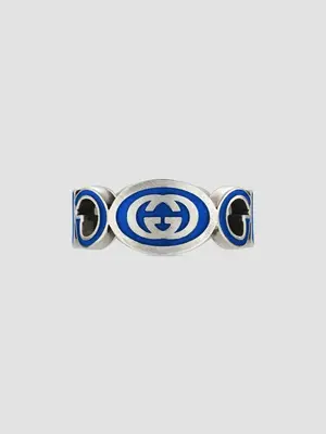 Gucci Interlocking G Sterling & Blue Enamel Cut-out Ring - Silver