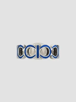 Gucci Interlocking G Sterling & Blue Enamel Cut-out Ring - Silver