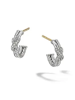 David Yurman Petite X Hoop Earrings In Sterling Silver With Pavé Diamonds, 12.6mm Sterling Silver
