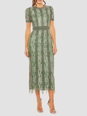 Mac Duggal Cocktail Geometric Beaded Midi-dress - Sage