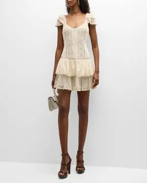 LoveShackFancy Rowley Flutter-sleeve Tiered Lace Mini Dress - Cream