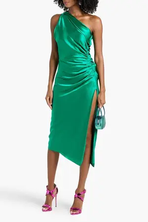 Michelle Mason One-shoulder Ruched Silk-satin Midi Dress - Jade