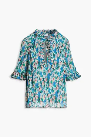 GANNI Ruffletrimmed Floralprint Plisségeorgette Top - Multicolor