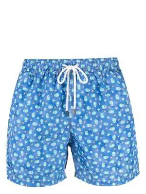 Fedeli Pufferfish-print Swim Shorts - Blue