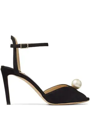 JIMMY CHOO Sacora 85 Suede Pearl Embellished Peep Toe Sandals