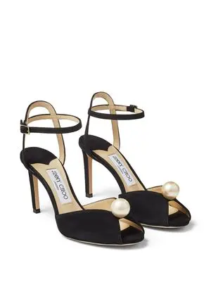 JIMMY CHOO Sacora 85 Suede Pearl Embellished Peep Toe Sandals