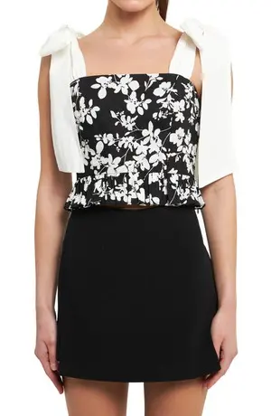 Endless Rose Bow Strap Peplum Tank - Black/white