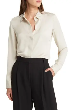 Theory Classic Fitted Silk Shirt Sand