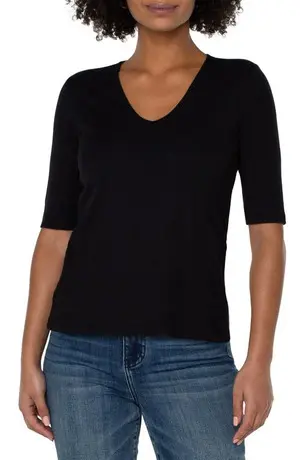 LIVERPOOL Double Layer V-neck Rib Top - Black
