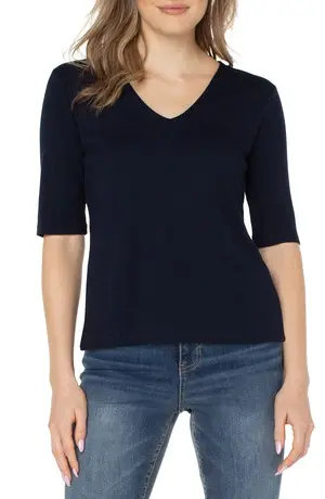 LIVERPOOL Double Layer V-Neck Rib Top Dark Navy