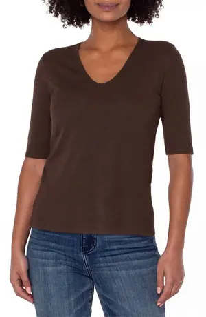 LIVERPOOL Double Layer V-Neck Rib Top Dk Espresso