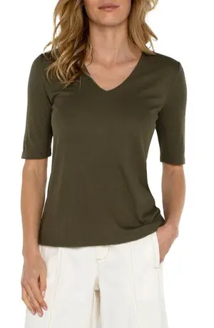 LIVERPOOL Double Layer V-Neck Rib Top Spanish Olive