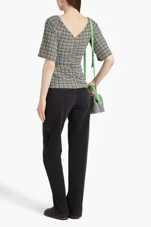 GANNI Ruched Checked Seersucker Top