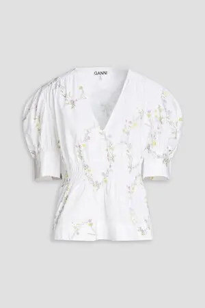 GANNI Shirred Floral-print Cotton-poplin Blouse