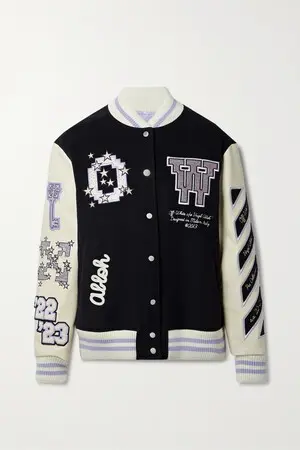 Off-White - Appliquéd Embroidered Wool-blend And Leather Bomber Jacket