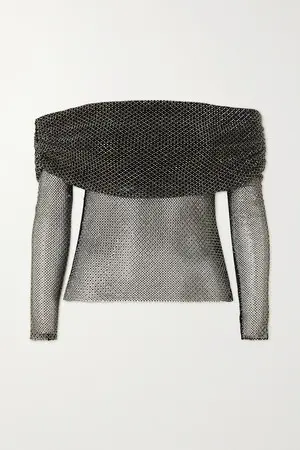 SELF-PORTRAIT Off-the-shoulder Crystal-embellished Mesh Top