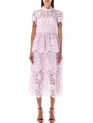 Self-Portrait Cord Lace Tiered Midi Dress In Pink - 45% Off