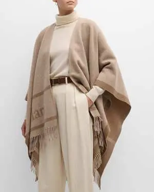 Max Mara Hilde Two-tone Logo Wool Poncho - Sand