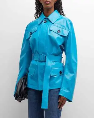 Bottega Veneta Belted Shiny Leather Jacket - Dusk