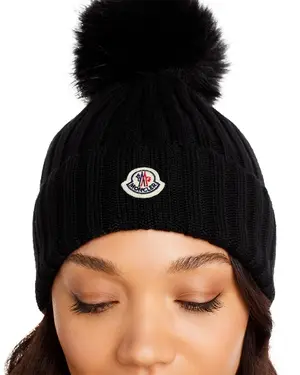 Moncler Wool Ribbed Beanie With Pom-pom