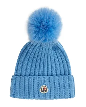 Moncler Moncler Wool Ribbed Beanie With Pom-Pom Blue