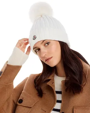 Moncler Moncler Wool Ribbed Beanie With Pom-Pom Ivory