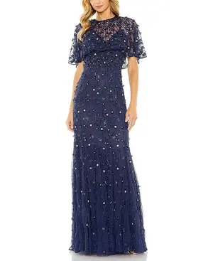 Mac Duggal Embellished Illusion Cape Sleeve Trumpet Gown - Midnight