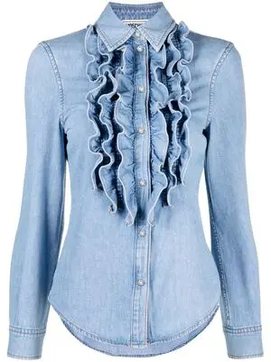 Moschino Ruffled Washed-denim Shirt - Blue