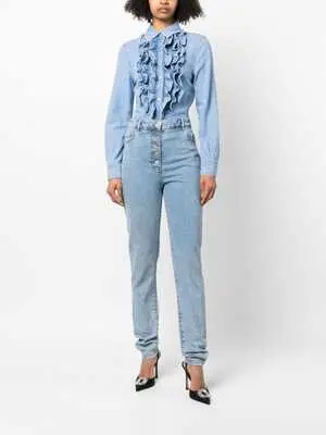 Moschino Ruffled Washed-denim Shirt