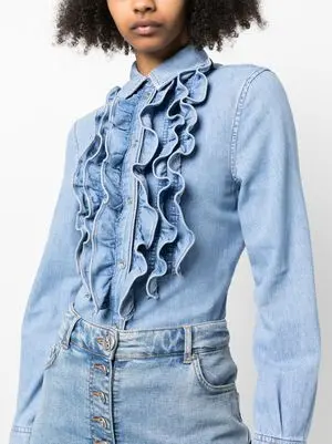 Moschino Ruffled Washed-denim Shirt