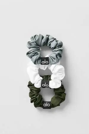 Alo Yoga Fresh Mini Scrunchie 3-pack - Green Olive/lunar Grey/white
