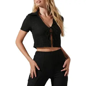 Astr The Label Zoey Textured Tie-front Crop Top
