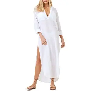 L*Space Capistrano Long Sleeve Linen Cover-up Tunic Dress - White