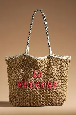 Clare V. Woven Tote With Embroidered Detailing Beige