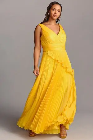 Mac Duggal Chiffon Pleated V-neck Ruffle Gown