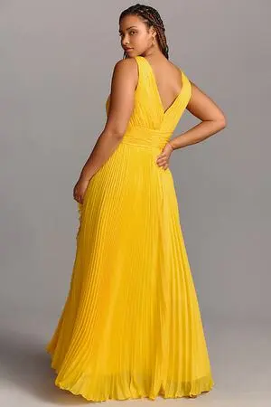 Mac Duggal Chiffon Pleated V-neck Ruffle Gown