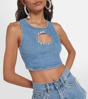 7 For All Mankind Embellished Denim Crop Top