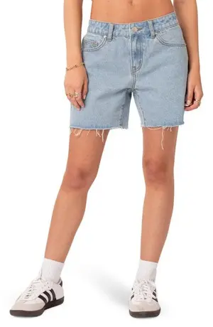 EDIKTED Tomboy Low Rise Denim Shorts - Light-blue