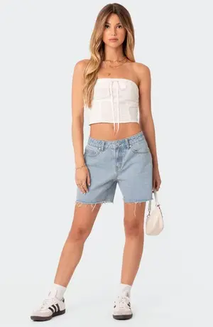 EDIKTED Tomboy Low Rise Denim Shorts - Light-blue
