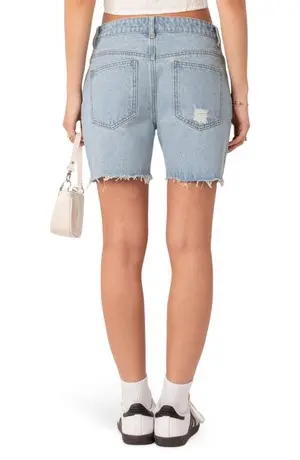 EDIKTED Tomboy Low Rise Denim Shorts - Light-blue