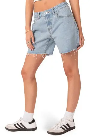 EDIKTED Tomboy Low Rise Denim Shorts - Light-blue