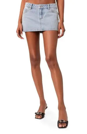 EDIKTED Chiara Low Rise Denim Miniskirt - Light-blue