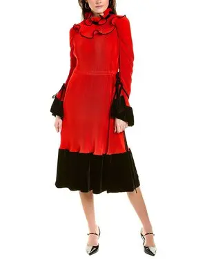 Tory Burch Tory Burch Pleated Ruffle Midi Dress - Red