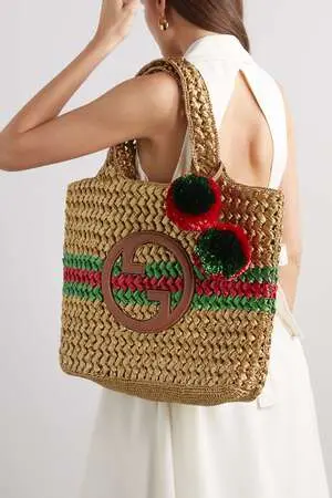 Gucci Embellished Leather-trimmed Metallic Crocheted Raffia Tote