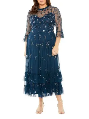 Mac Duggal Women's Plus Size High-Neck Embellished Flutter Dress - Ocean Blue  - Ocean Blue