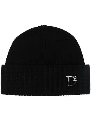 Dsquared2 Monogram Plaque Knitted Beanie - Black