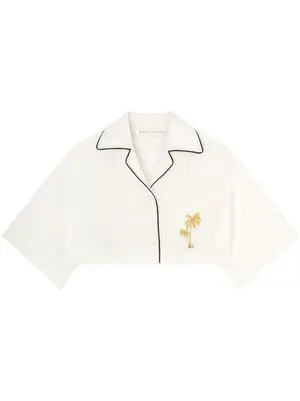 Palm Angels Logo-embroidered Cropped Linen Shirt - White